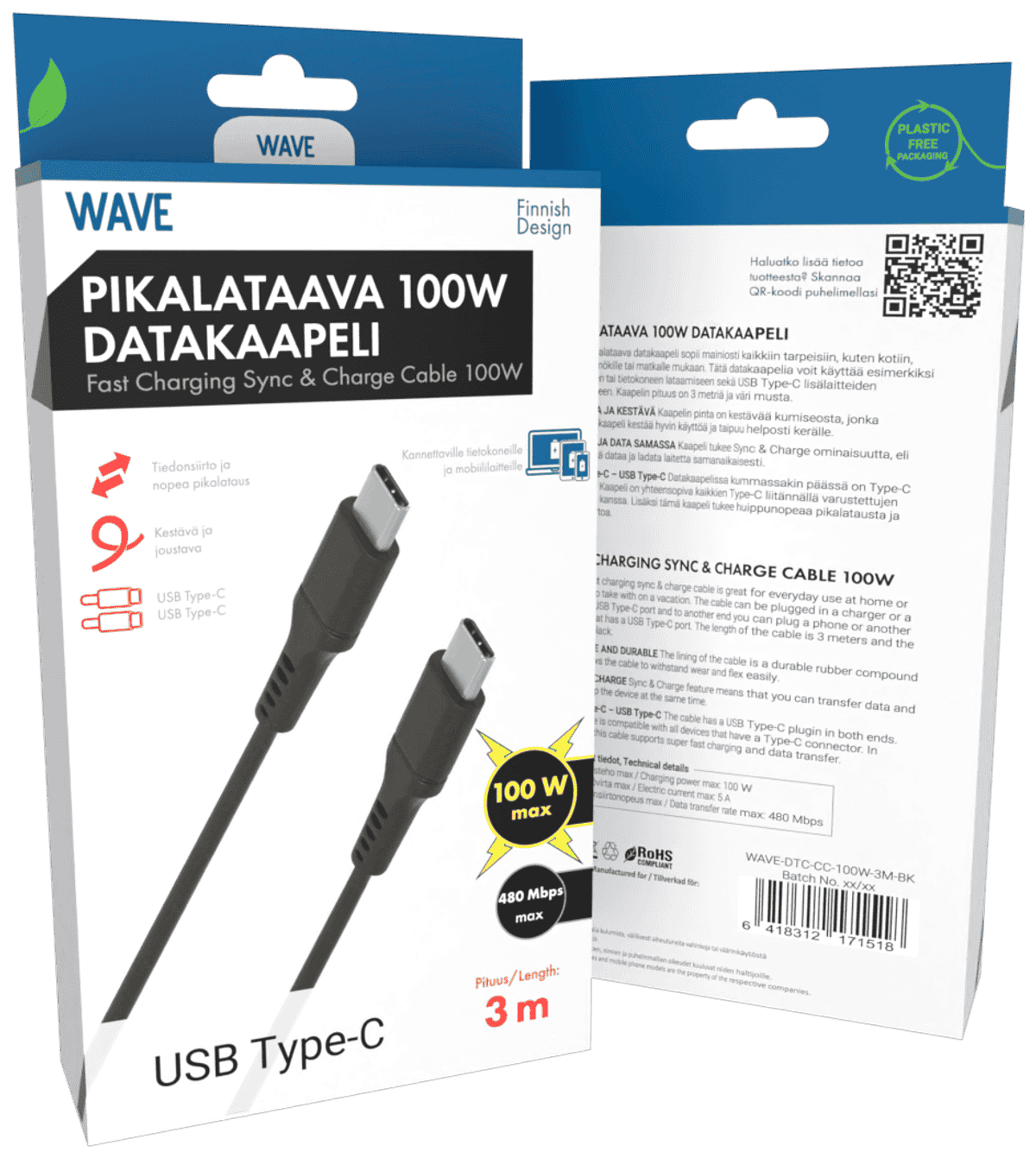 Wave 100W Datakaapeli, USB Type-C -> USB Type-C (480 Mbps), 3m, Musta ...