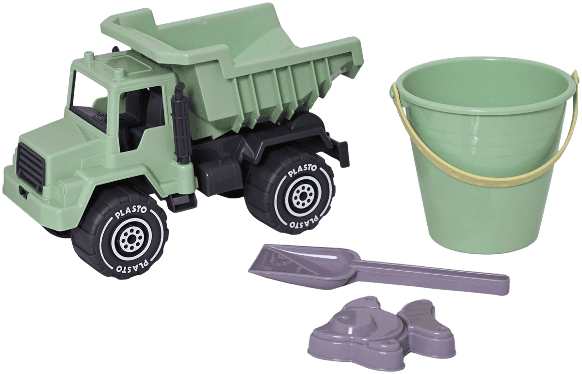 Plasto autohiekkalelusetti kuorma-auto lapio ja hiekkamuotit I'm Green ...