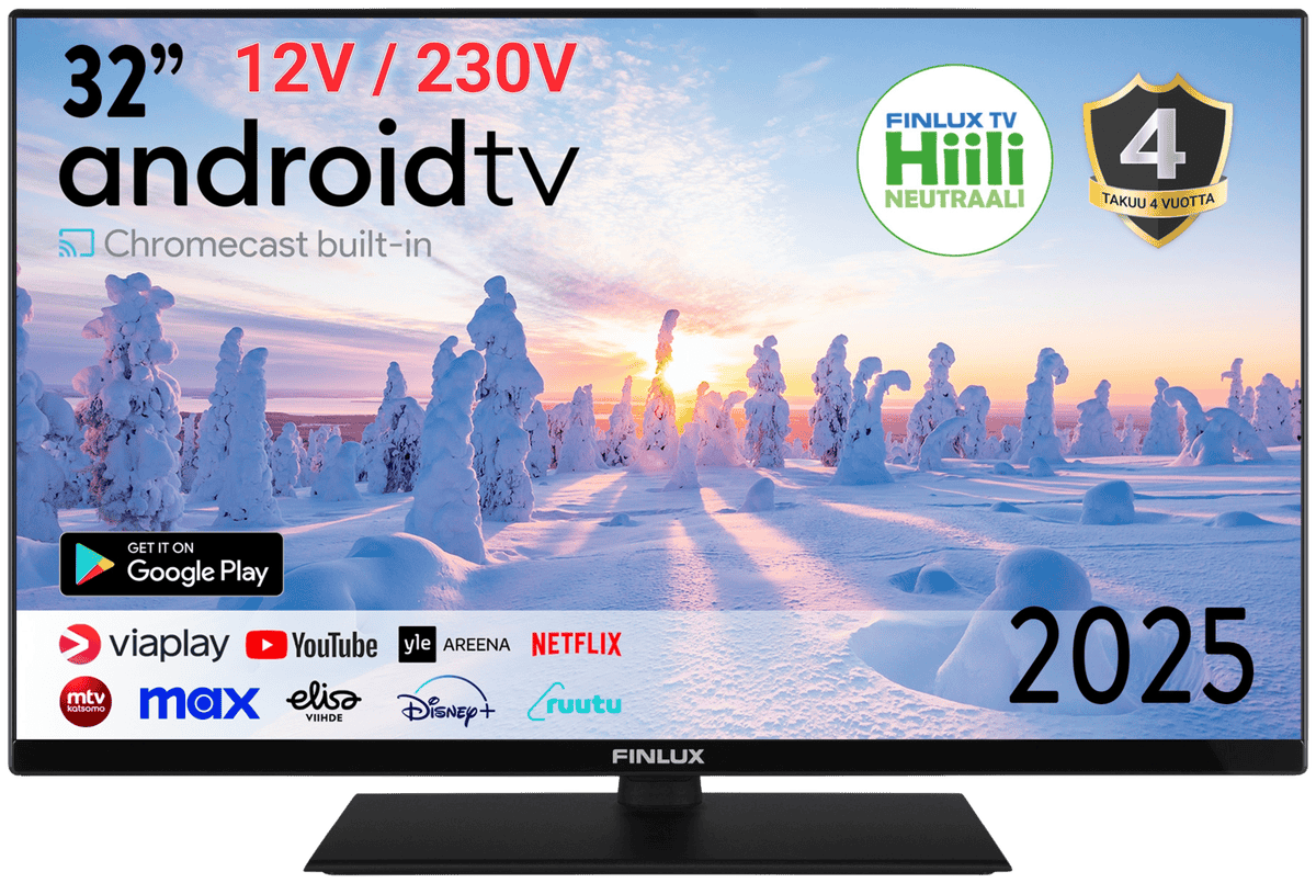 Finlux 32" FullHD Android Smart LED TV 12V sekä 230V käyttöjännitteellä ...