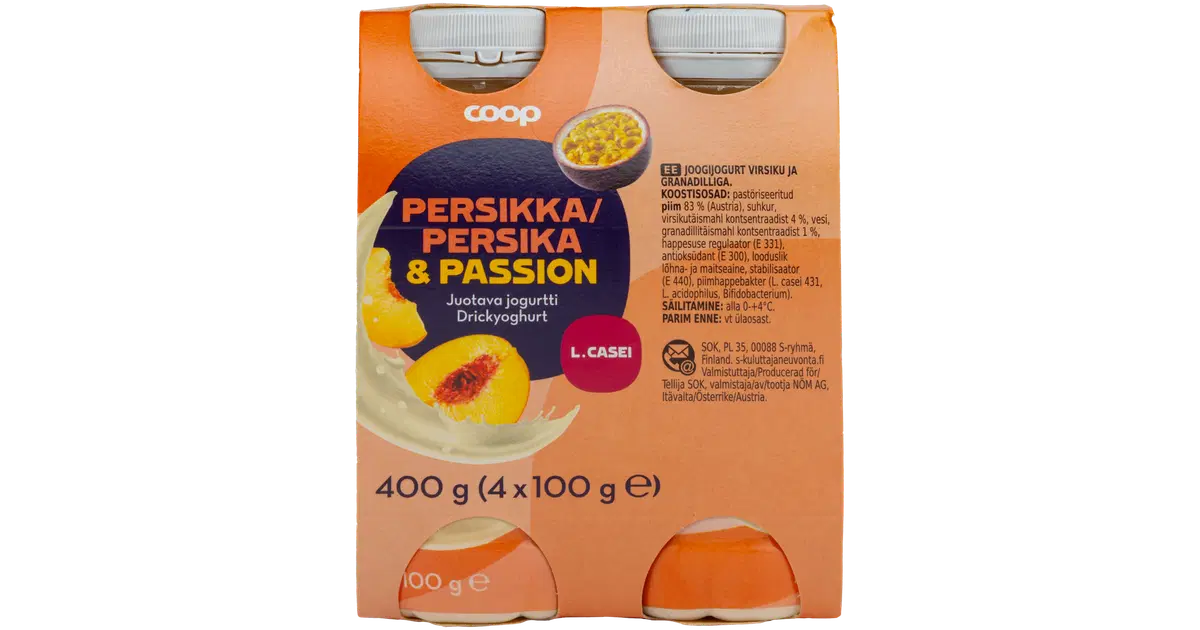 Coop juotava jogurtti persikka-passion 4x100g | S-kaupat ruoan verkkokauppa