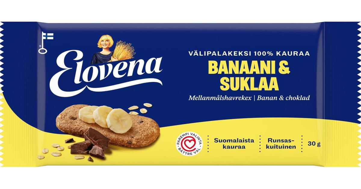 Elovena 30g banaani & suklaa täysjyvä välipalakeksi 100% kauraa | S ...