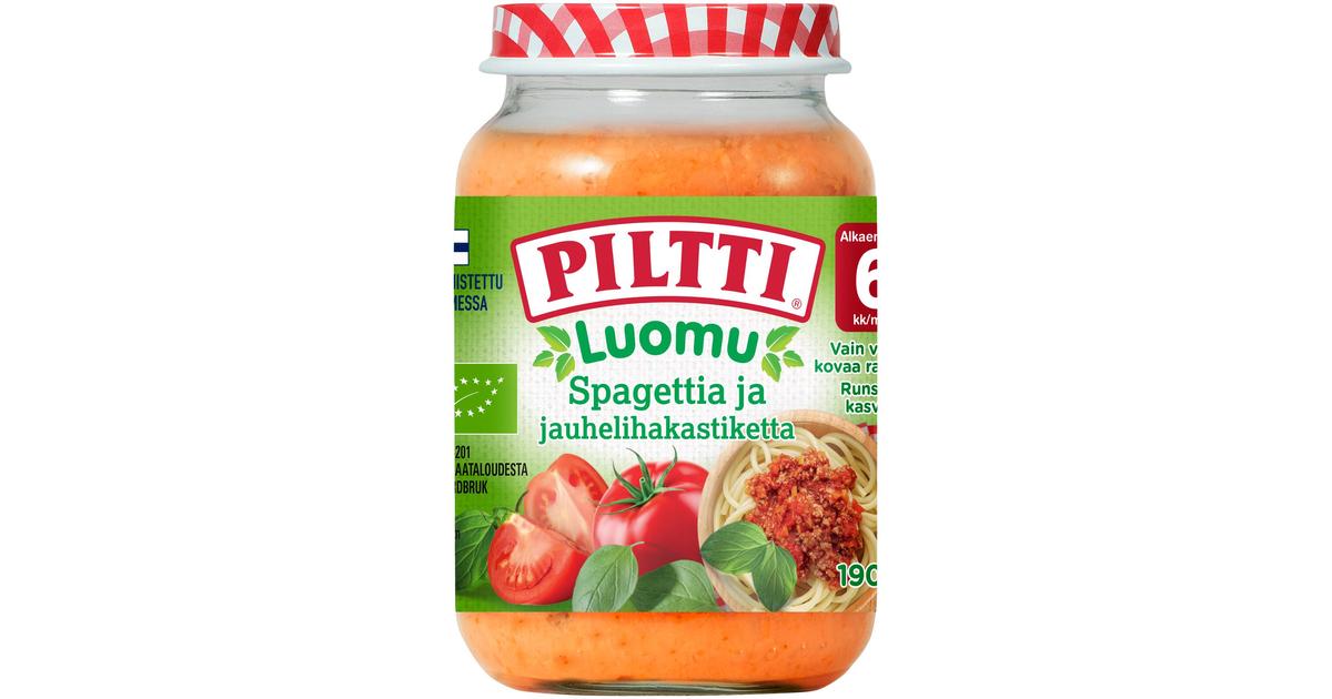 Piltti Luomu 190g Spaghettia ja jauhelihakastiketta lastenateria 6kk ...