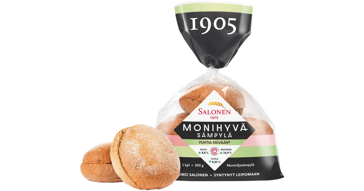 Leipomo Salonen Monihyväsämpylä 5/300 g moniviljasämpylä, halkaistu | S ...