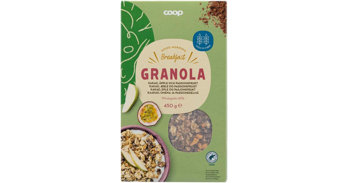 Coop granola külmkuivatatud õuna- ja passionitükkidega 1,5% ja kakaoga 1% 450g | Prisma | alati ...