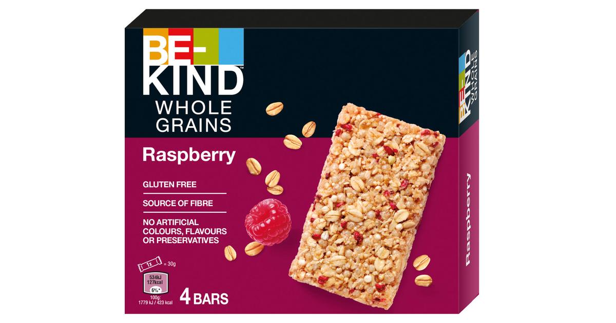BE-KIND Whole Grains Rasberry 4-pack - täysjyväpatukat vadelmalla (4 x 30 g) | S-kaupat ruoan ...