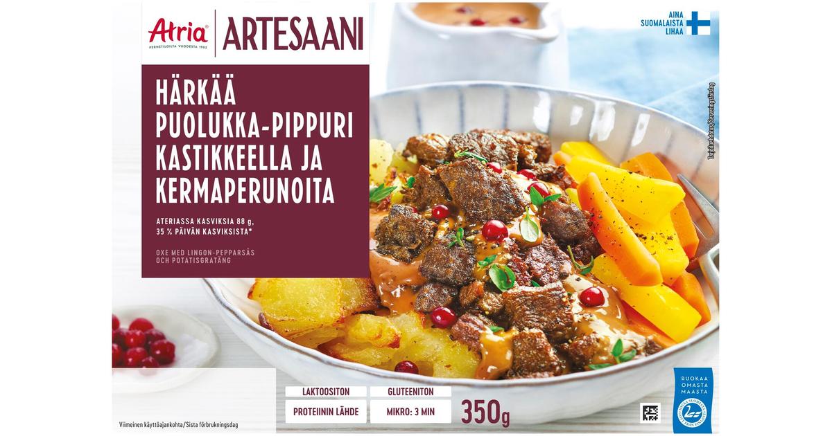 Atria Artesaani Härkää Puolukka-Pippurikastikkeella ja Kermaperunoita ...