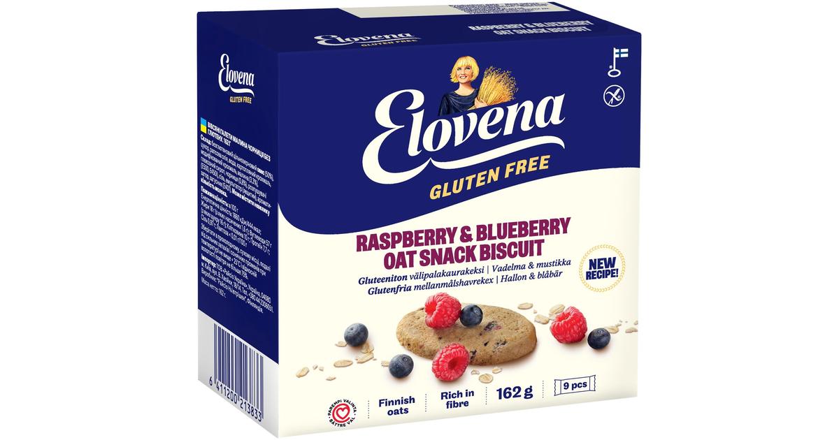 Elovena 9x18g gluteeniton vadelma-mustikka välipalakaurakeksi | S-kaupat ruoan verkkokauppa