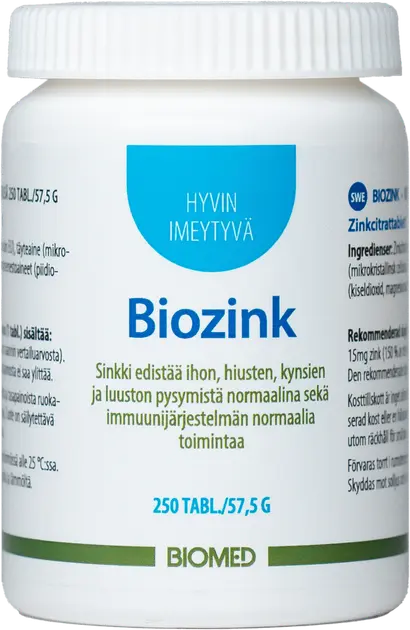 Biomed Biozink sinkkisitraattitabletti 250 tabl. | Sokos verkkokauppa