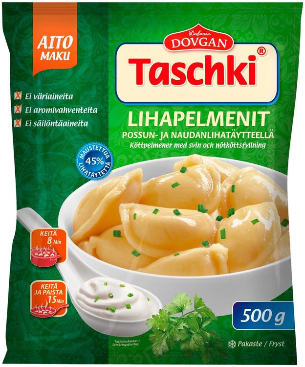 Taschki Lihapelmenit naudan -ja possunlihatäytteellä 500g | S-kaupat ...