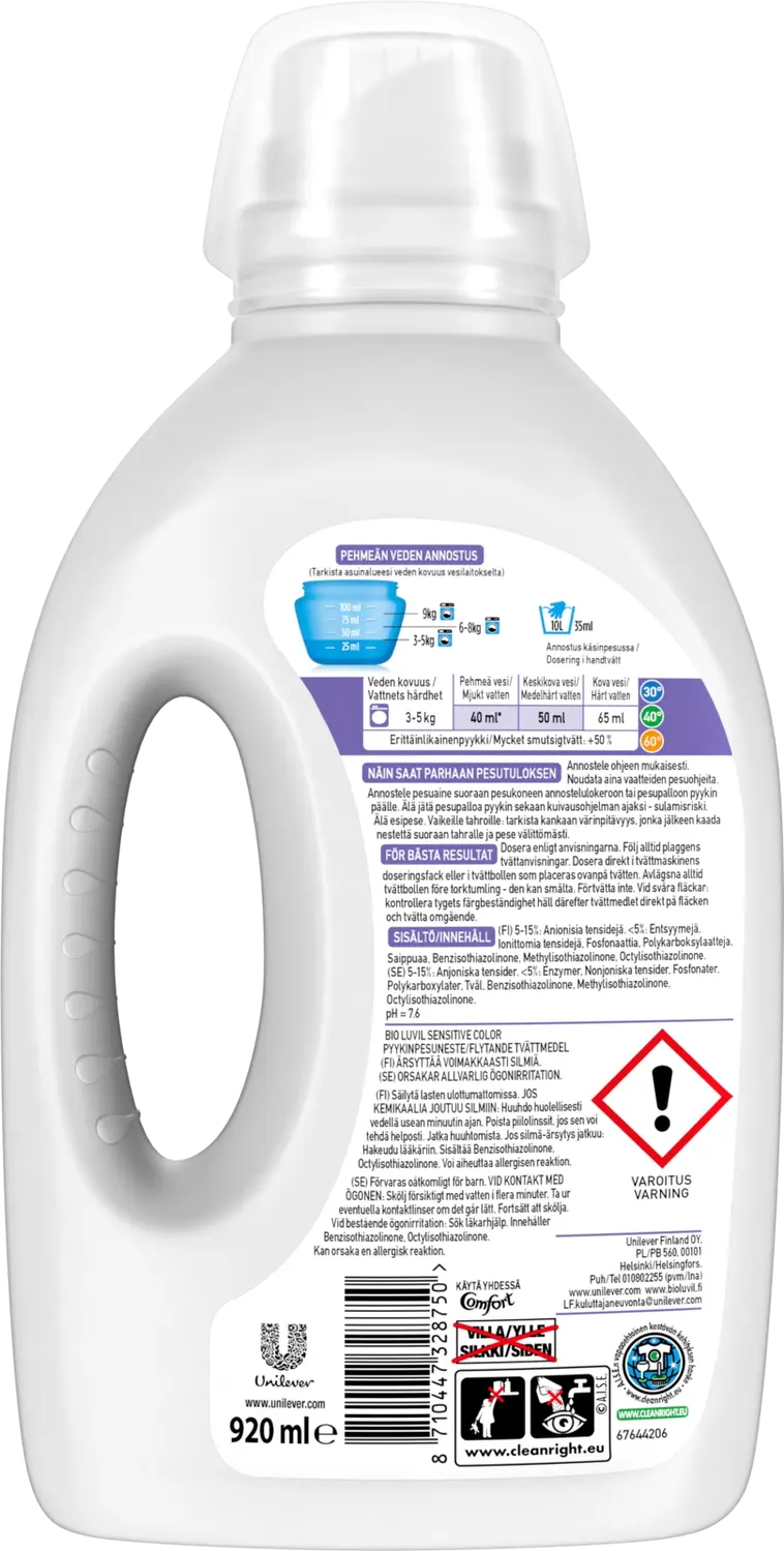 Bio Luvil Sensitive Color Pyykinpesuaine Hajusteeton 920 ml 23 pesua ...