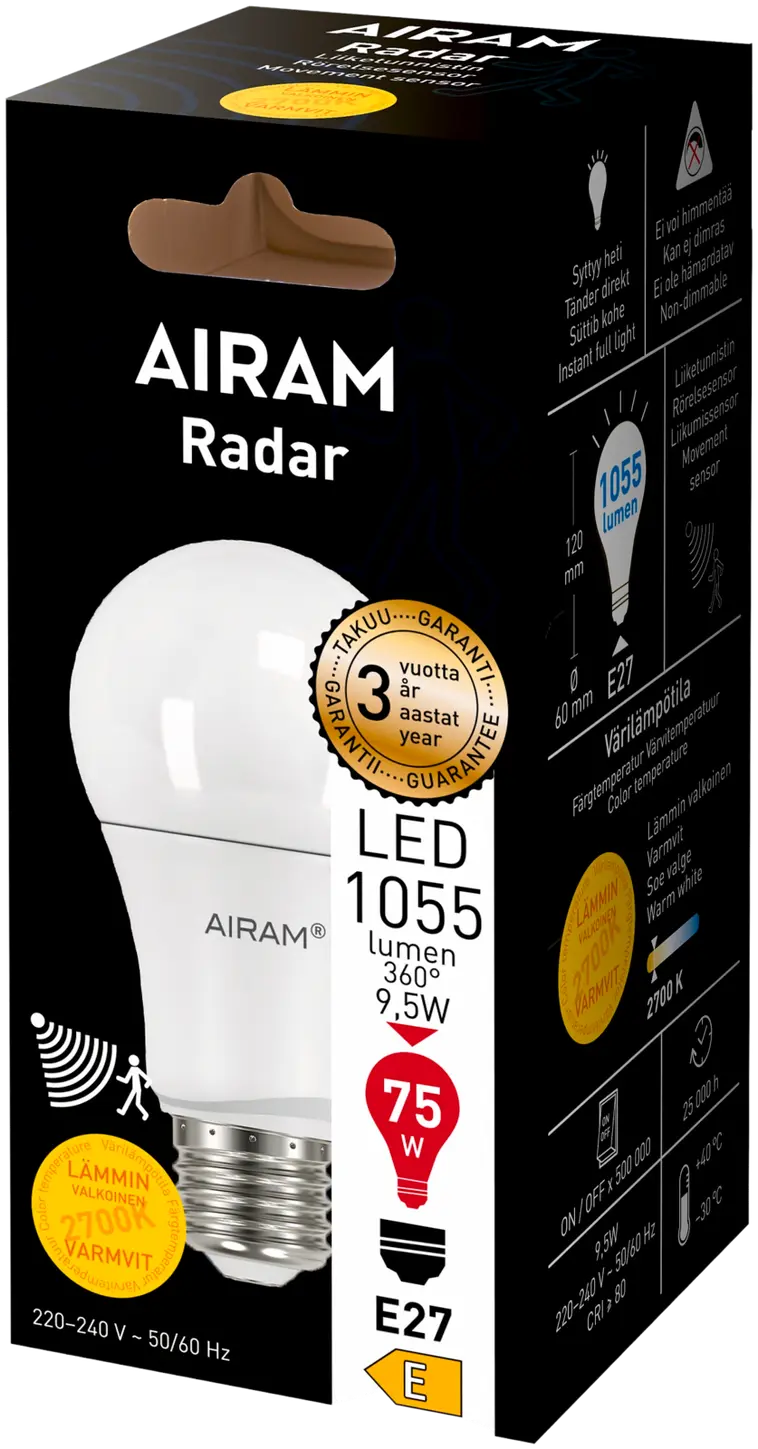 Airam led vakio 827 1055lm E27 radar, opaali | Prisma verkkokauppa