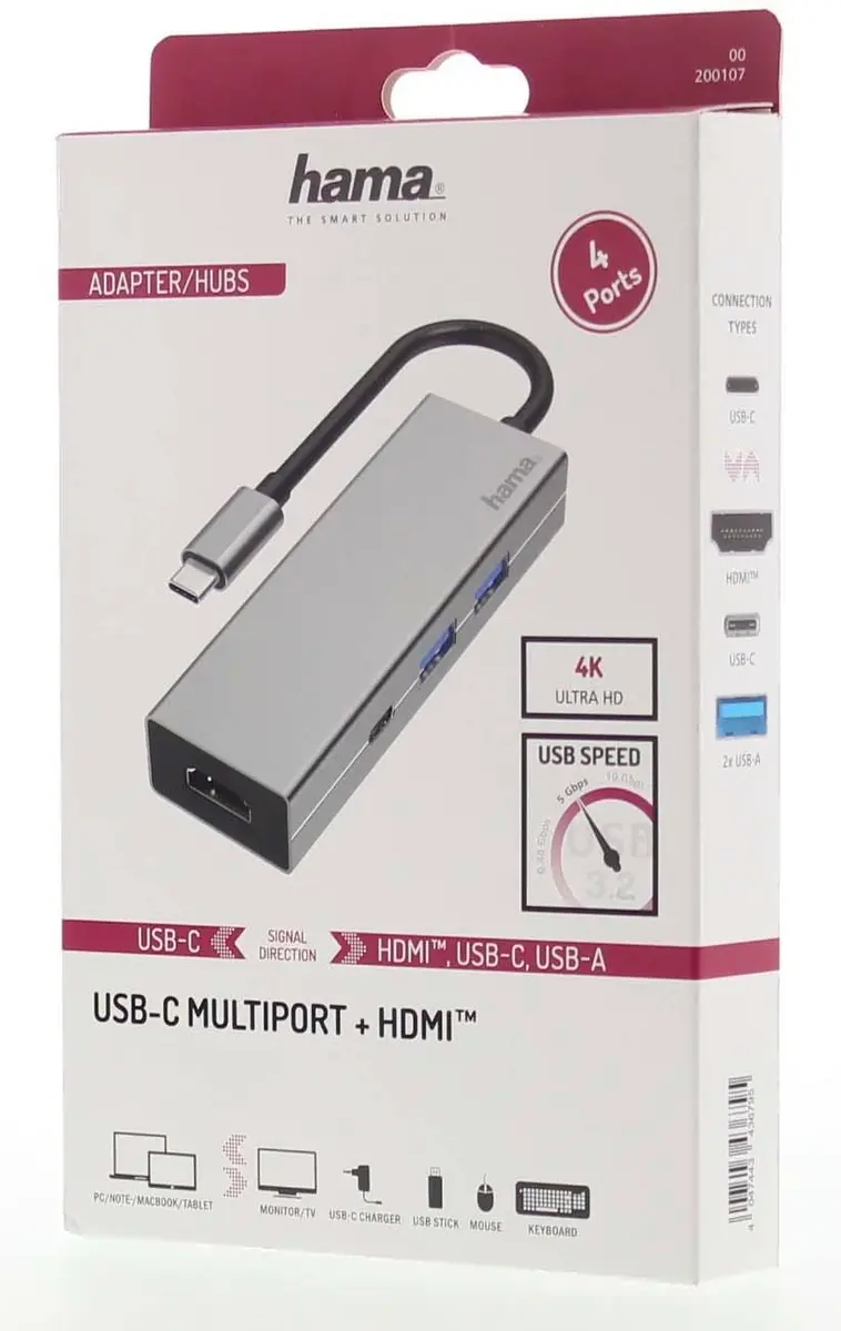 Hama USB-hubi, 4-porttinen, USB-C uros, 2 x USB-A, USB-C, HDMI™, USB 3. ... Hama USB-hubi, 4-porttinen, USB-C uros, 2 x USB-A, USB-C, HDMI™, USB 3. ...